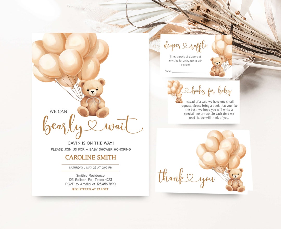 Editable Brown Bear Baby Shower Invitation Bundle, Teddy Bear Balloon ...