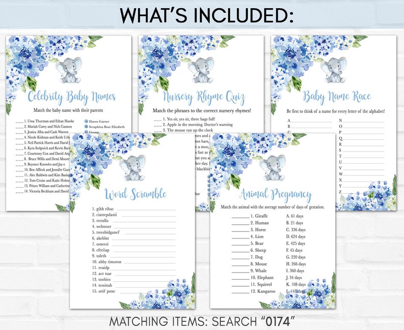 Elephant Baby Shower Game Bundle, Blue Elephant Boy Baby Shower Games ...
