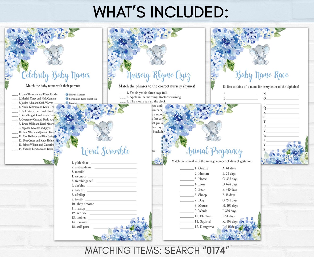 Elephant Baby Shower Game Bundle Blue Elephant Boy Baby | Etsy