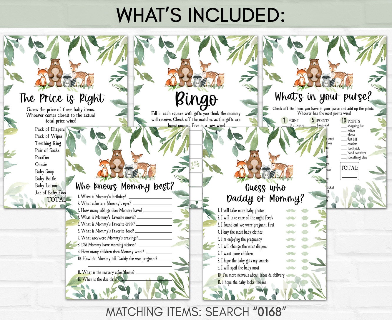 Woodland Baby Shower Games Bundle Greenery Woodland Animals - Etsy Canada