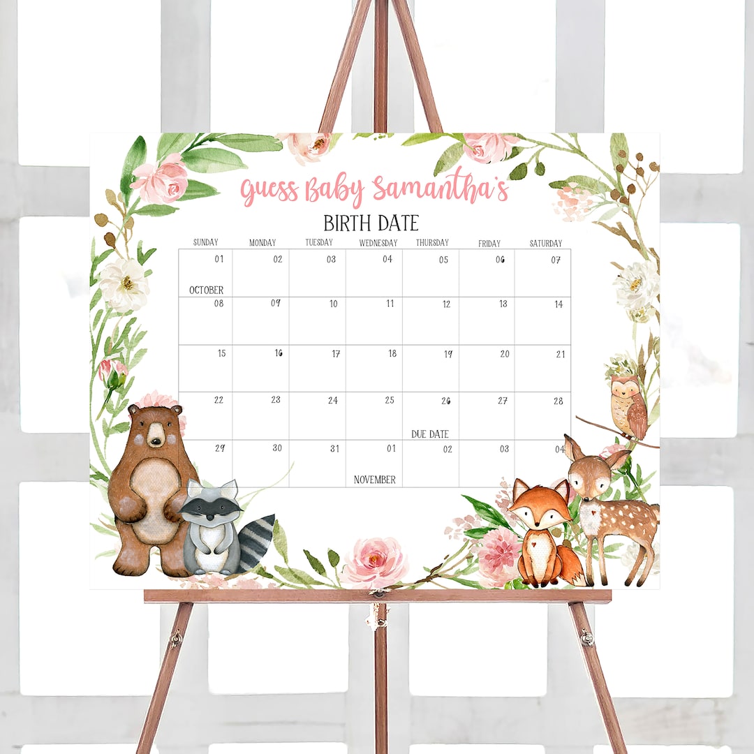 Editable Pink Floral Woodland Baby Shower Due Date Calendar, Girl ...