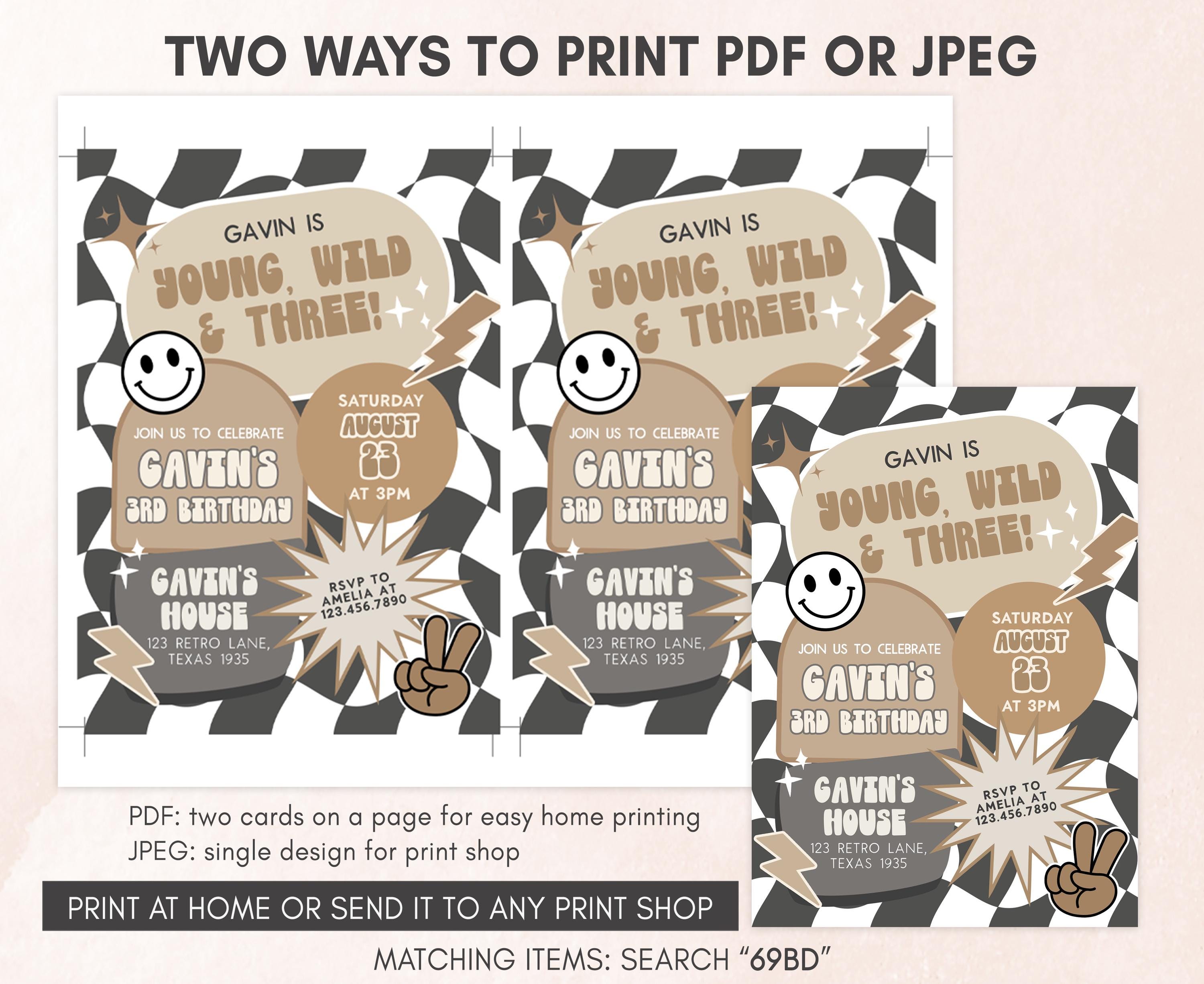 Editable Young Wild and Three Smiley Face Birthday Invitation, Boy 3rd ...