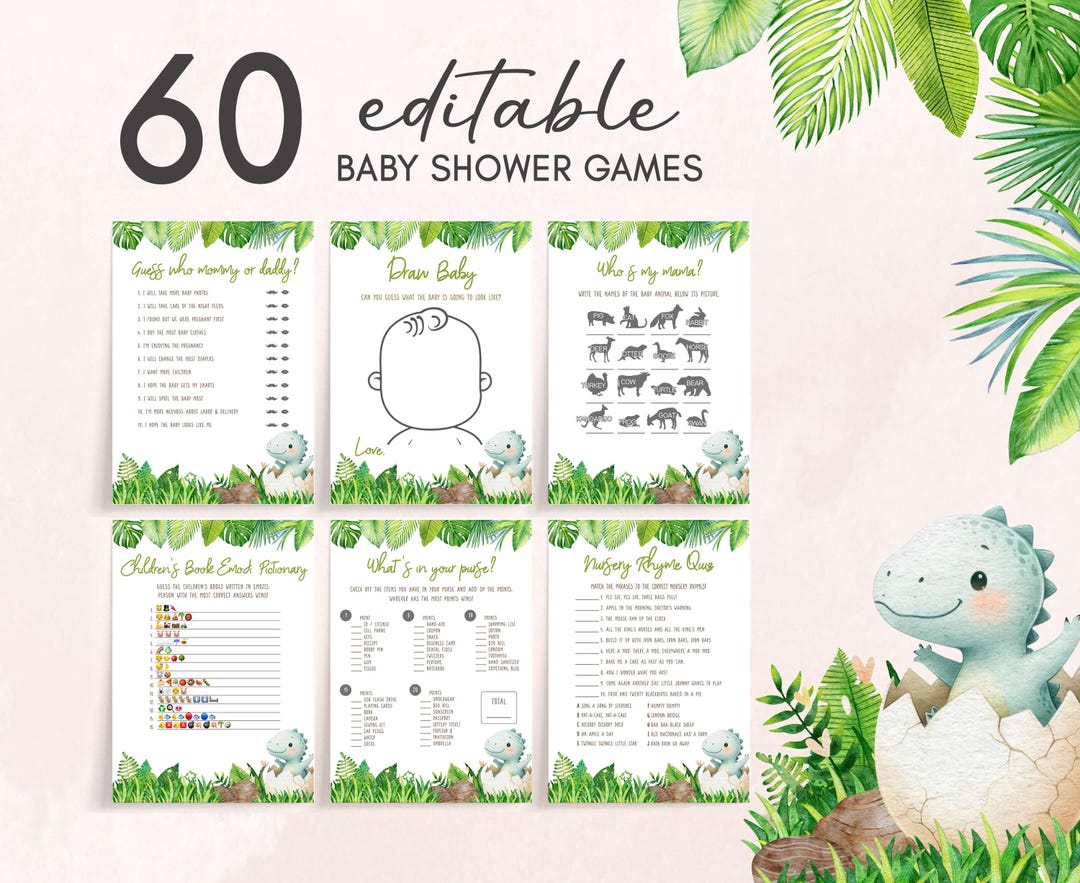 Editable Dinosaur Baby Shower Games Bundle, Hatching Soon Cute Dino ...