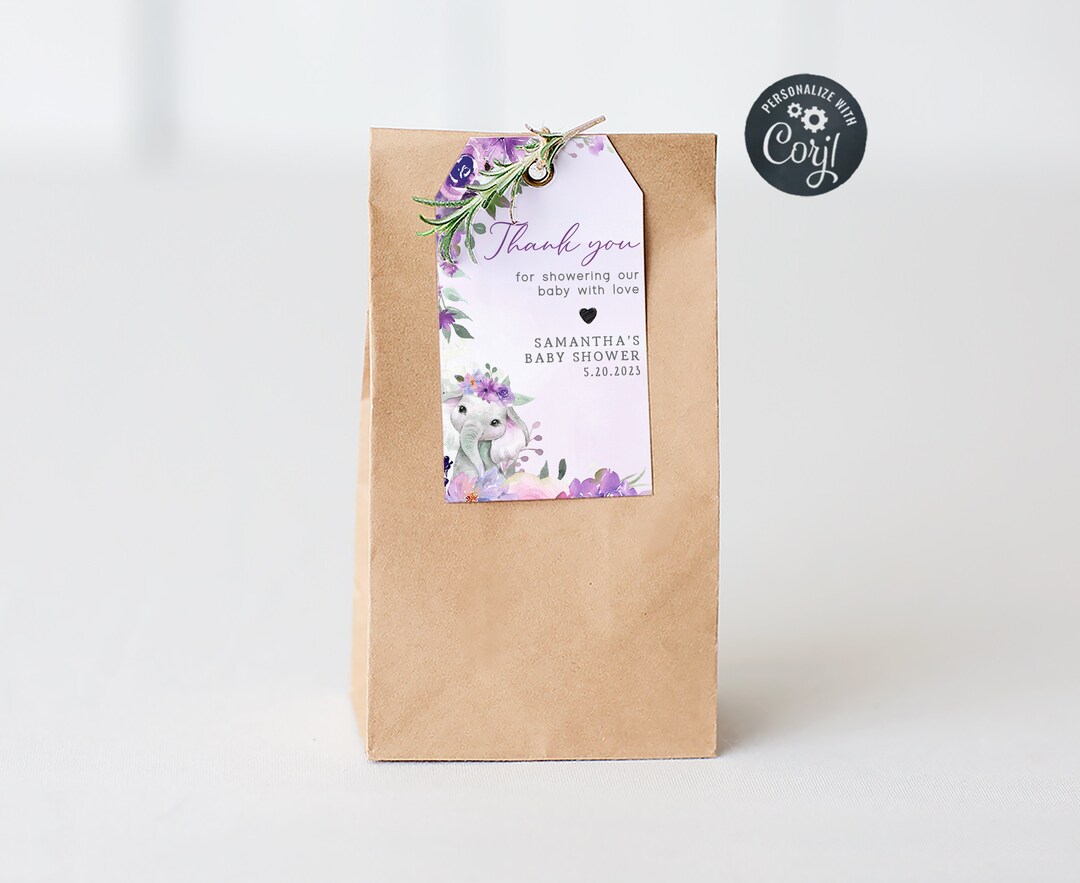 Editable Purple Elephant Baby Shower Favor Tags, Lavender Floral Baby ...