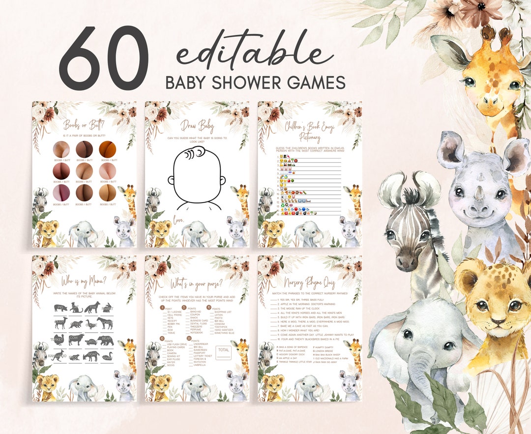 Editable Boho Safari Baby Shower Games Bundle, Boho Jungle Baby Shower ...
