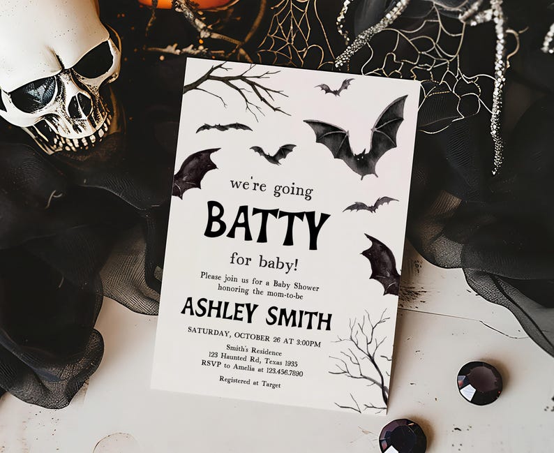 Editable We're Going Batty Halloween Baby Shower Invitation Bundle ...