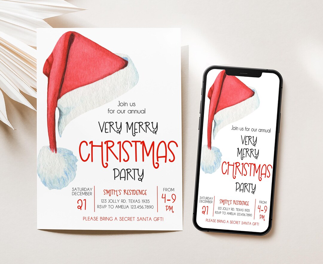 Editable Christmas Party Invitation, Christmas Santa Hat Invite ...