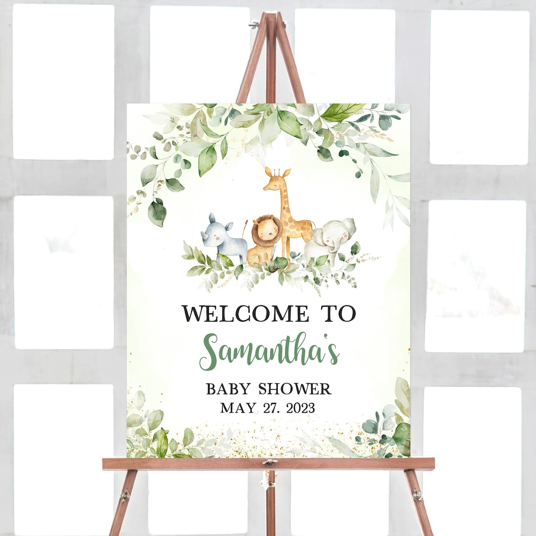 Editable Safari Animals Baby Shower Welcome Sign, Greenery Safari Baby ...