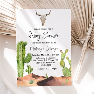Editable Bull Skull Baby Shower Invitation Set, Southwestern Cactus ...