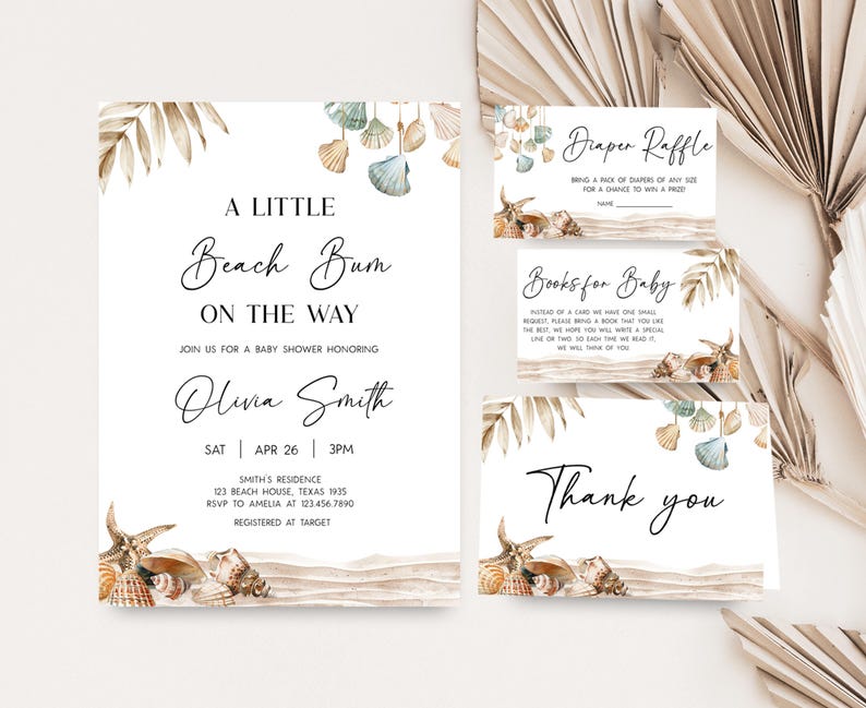 Editable Beach Baby Shower Invitation Bundle, Boho Seashell Summer Baby ...