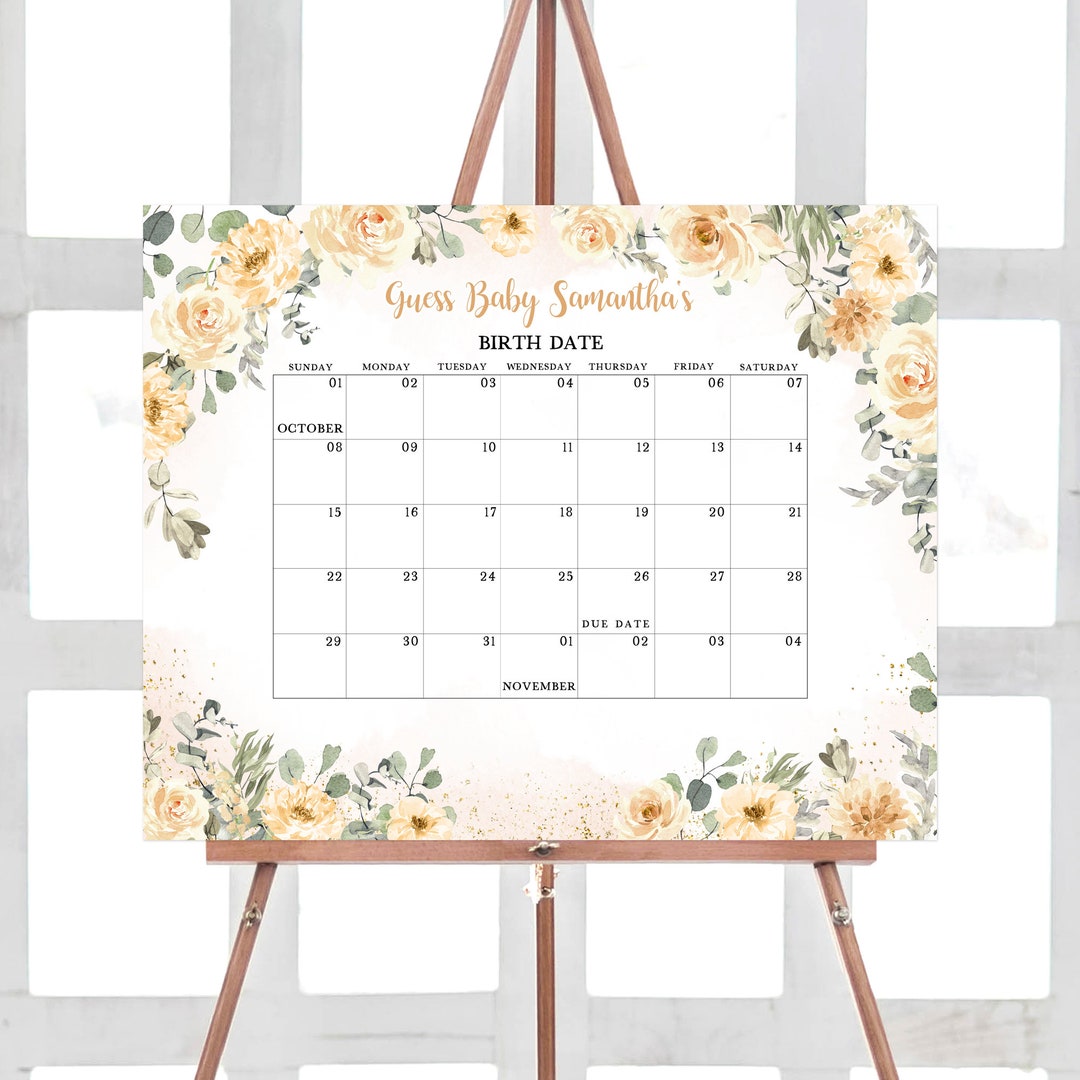 Editable Fall Baby Shower Due Date Calendar, Fall Floral Baby Shower ...