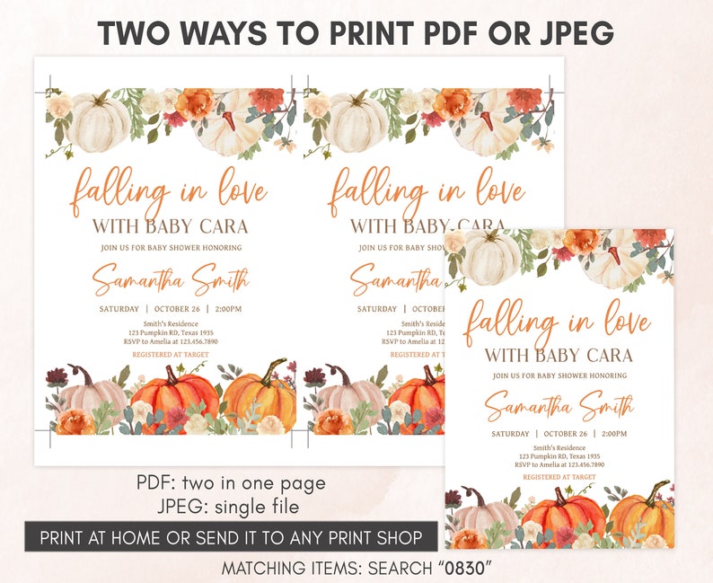 Editable Falling in Love Baby Shower Invitation, Autumn Floral Pumpkin ...