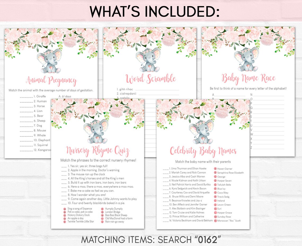 Pink Girl Elephant Baby Shower Game Bundle Blush Pink Floral | Etsy