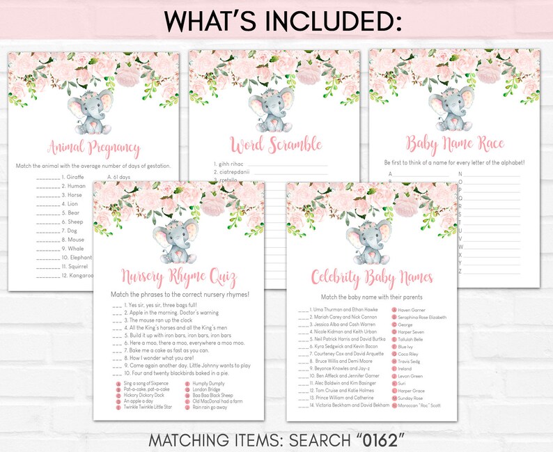 Pink Girl Elephant Baby Shower Game Bundle, Blush Pink Floral Baby ...