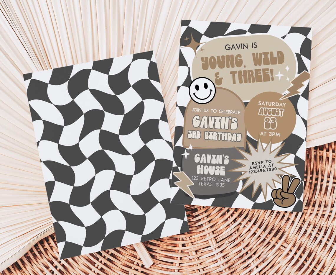 Editable Young Wild and Three Smiley Face Birthday Invitation, Boy 3rd ...