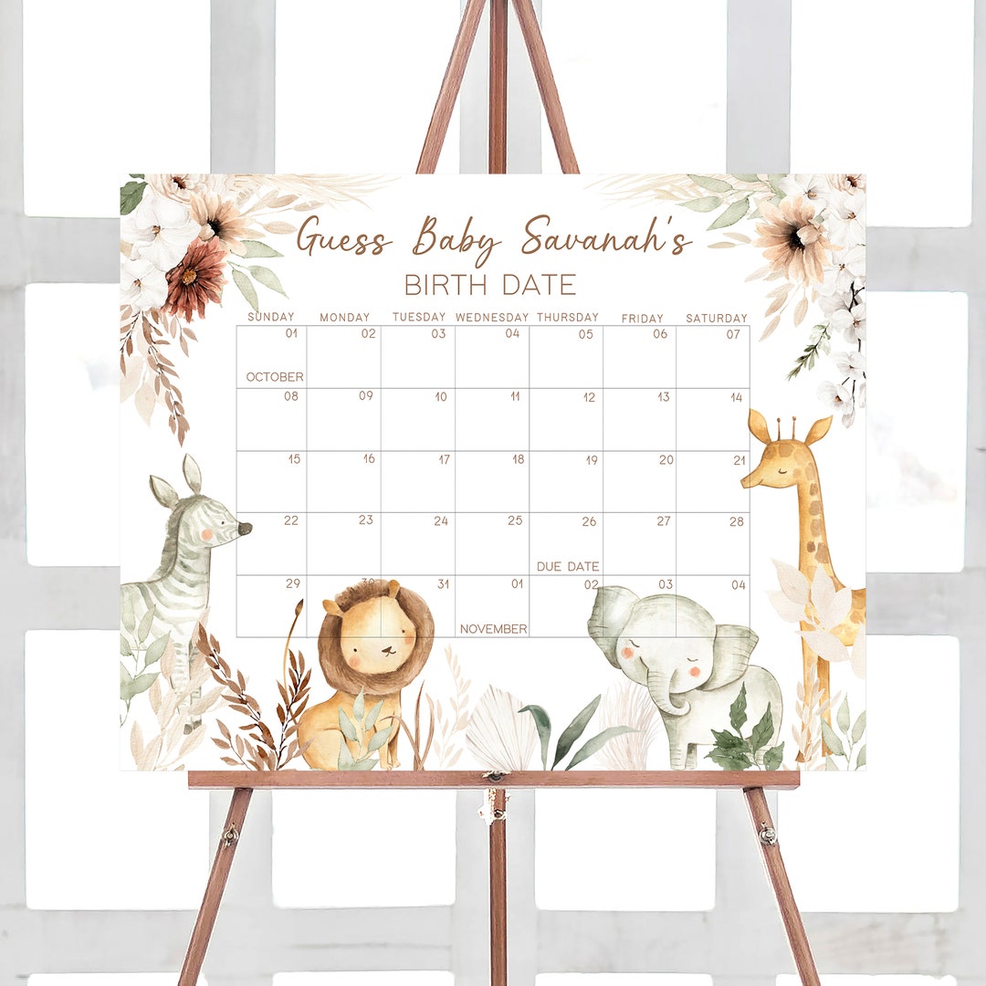 Editable Boho Safari Baby Shower Due Date Calendar, Jungle Baby Shower ...