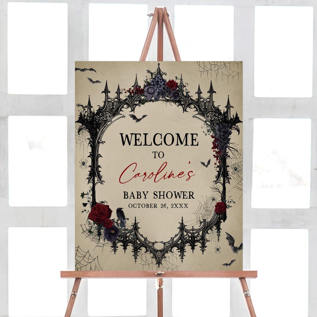 Editable Gothic Halloween Baby Shower Welcome Sign, Vintage Spooky Baby ...