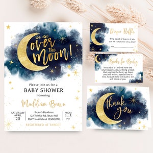 Editable We Are Over the Moon Baby Shower Invitation Bundle, Boy Moon ...