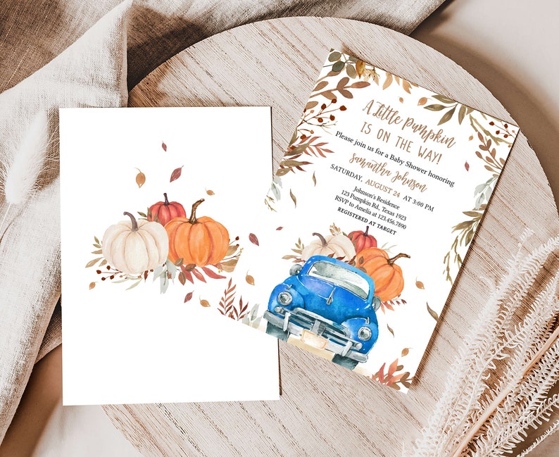 Editable Blue Fall Pumpkin Truck Baby Shower Invitation, Boy Little ...