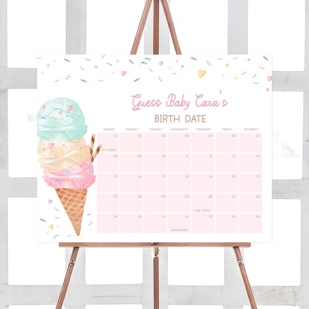 Editable Ice Cream Baby Shower Due Date Calendar, Sprinkled With Love ...