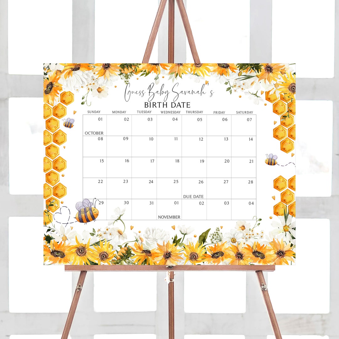 Editable Sunflower Bee Baby Shower Due Date Calendar, Honey Bee Gender ...