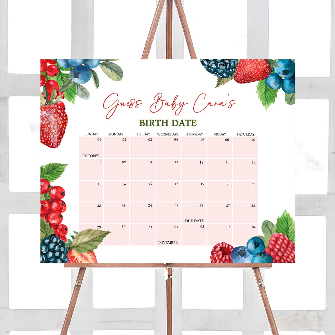 Editable Strawberry Baby Shower Due Date Calendar, A Berry Sweet Baby ...