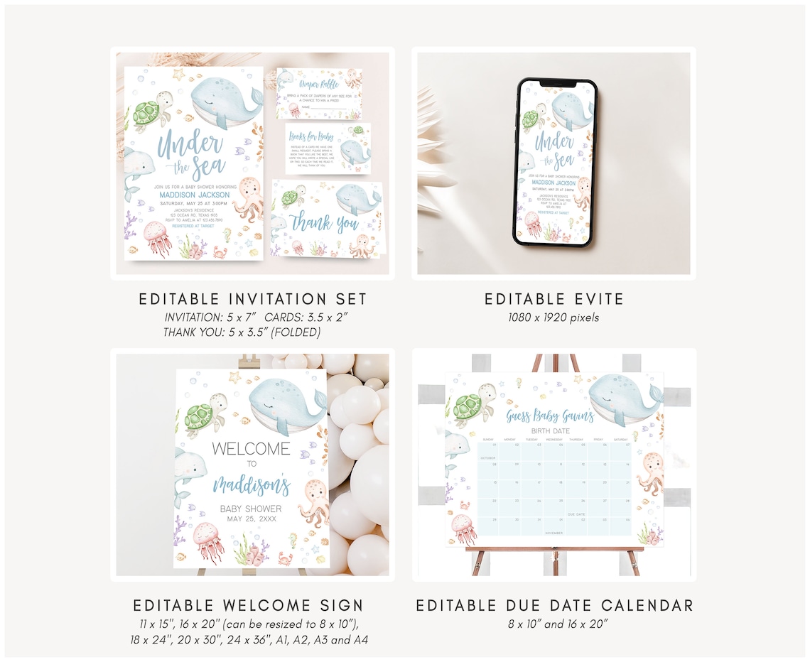 Editable Under the Sea Baby Shower Bundle, Gender Neutral Nautical Baby ...
