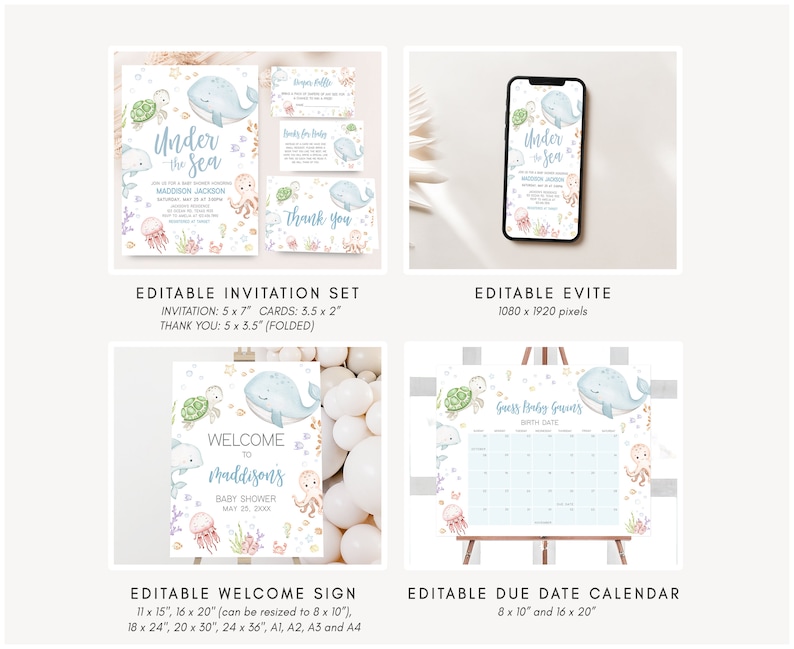 Editable Under the Sea Baby Shower Bundle, Gender Neutral Nautical Baby ...