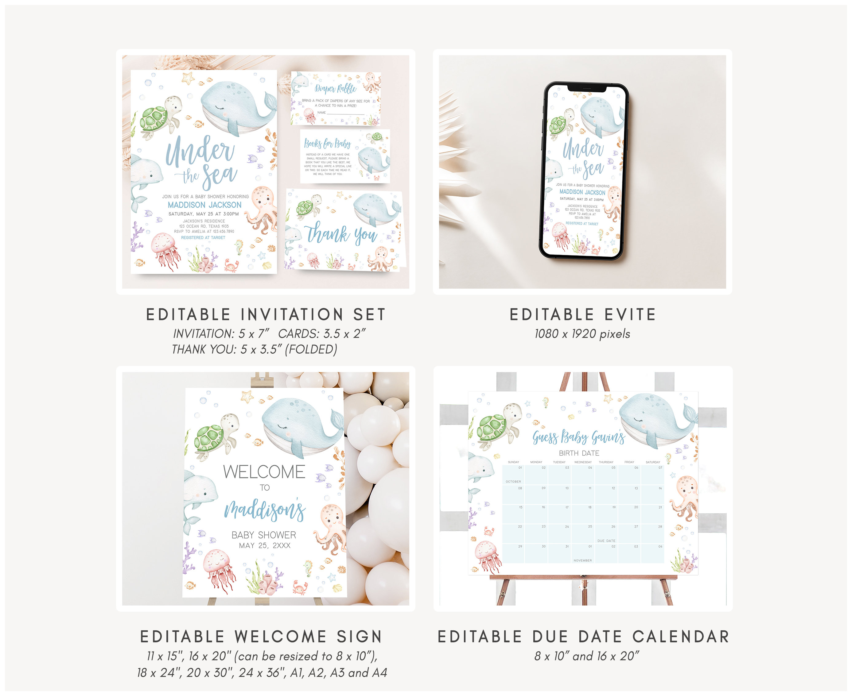 Editable Under the Sea Baby Shower Bundle, Gender Neutral Nautical Baby ...