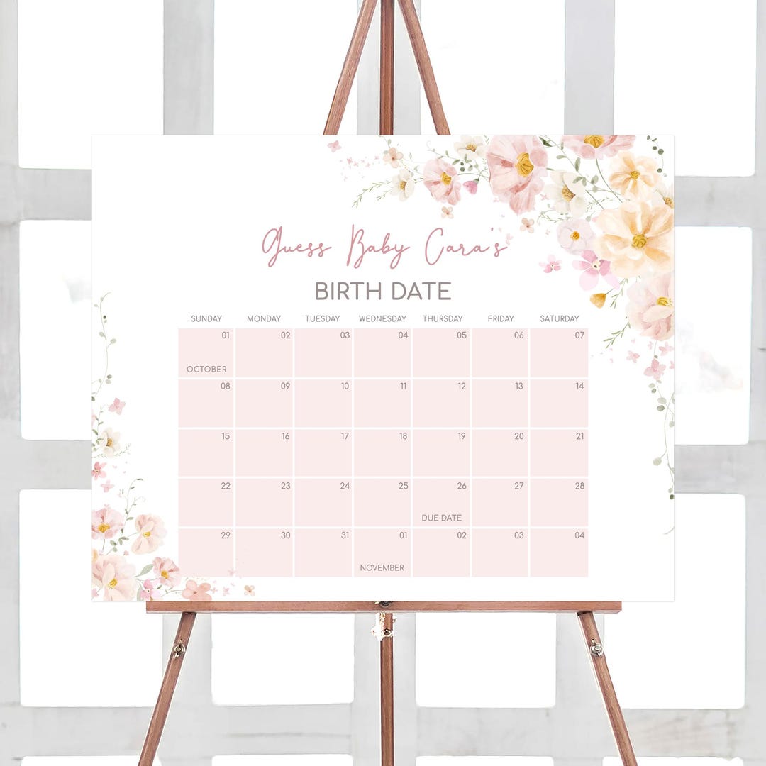 Editable Baby in Bloom Baby Shower Due Date Calendar, Girl Spring ...