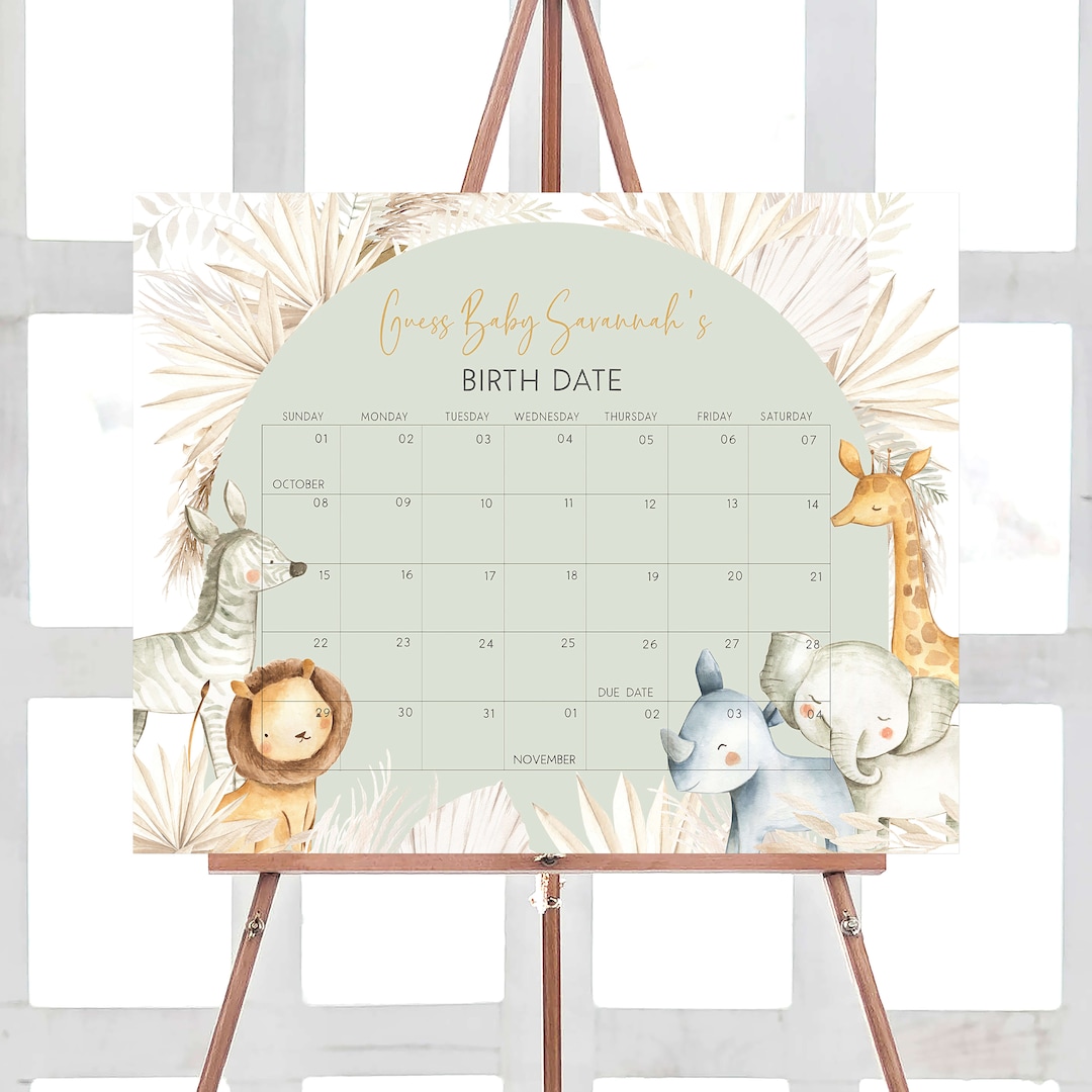 Editable Boho Safari Baby Shower Due Date Calendar Safari Jungle Baby ...