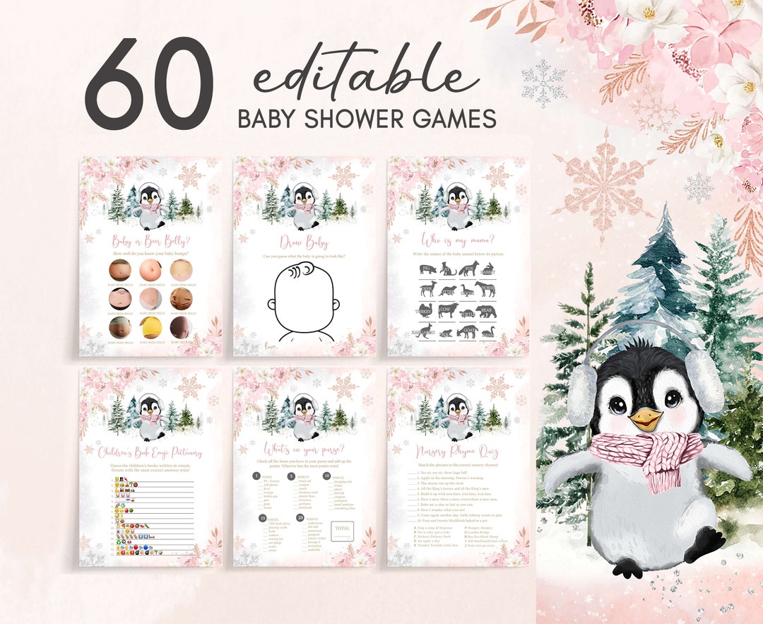 Editable Winter Penguin Baby Shower Games Bundle, Girl Penguin Baby ...