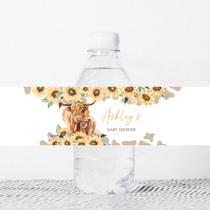 Editable Sunflower Cow Baby Shower Bottle Label, Highland Cow Baby ...