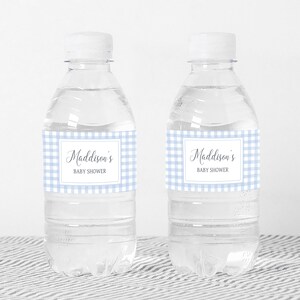 Editable Blue Gingham Baby Shower Bottle Label, Boy Picnic Baby Shower ...