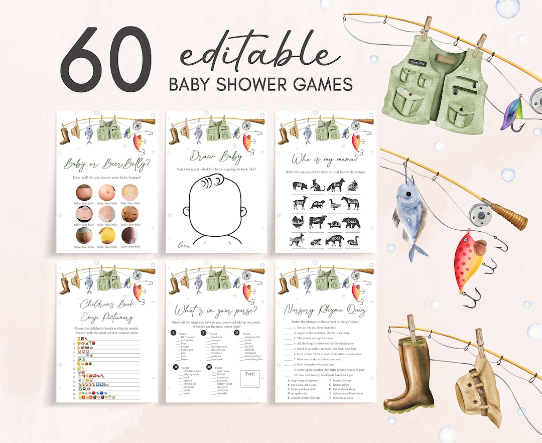 Editable Fishing Baby Shower Games Bundle, Reel Fishing Nautical Baby ...