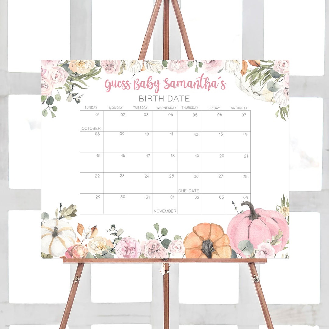 Editable Blush Pink Pumpkin Baby Shower Due Date Calendar, Fall Baby ...