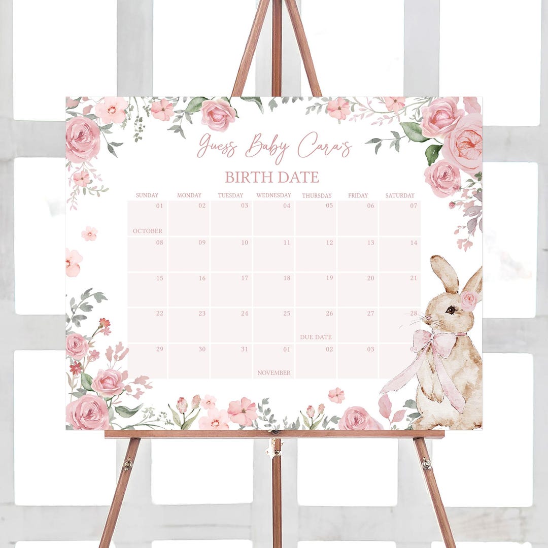 Editable Some Bunny Baby Shower Calendar, Pink Floral Spring Baby ...