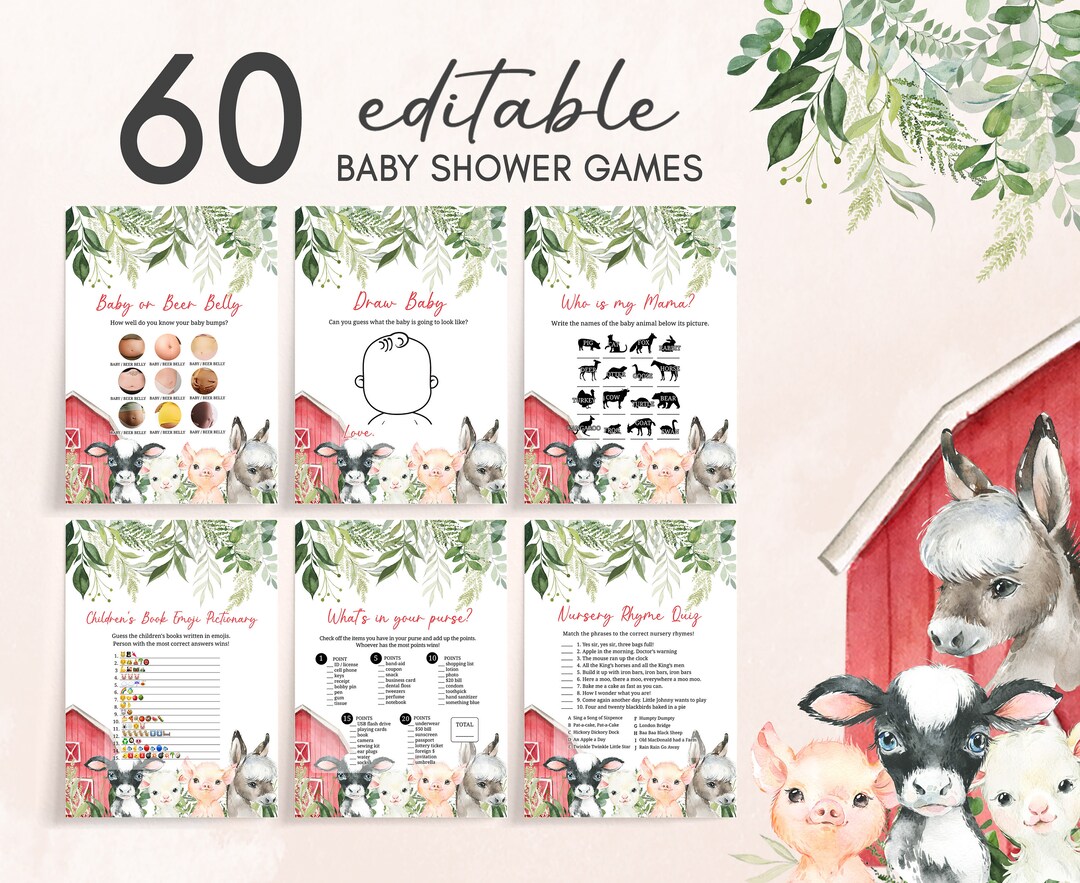 Editable Farm Baby Shower Games Bundle, Farm Animals Baby Shower ...