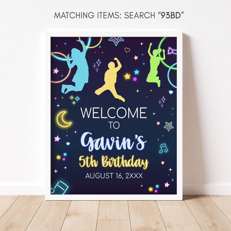 Editable Let's Jump Birthday Welcome Sign, Neon Trampoline Party Sign ...