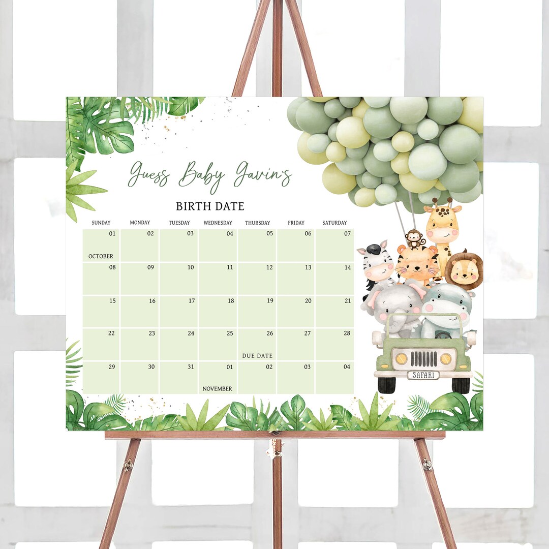 Editable Oh Boy Safari Baby Shower Due Date Calendar, Jungle Baby ...