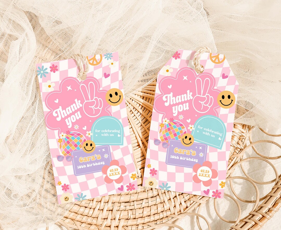 Editable Peace Out Single Digits Birthday Favor Tags, Retro Checkered ...