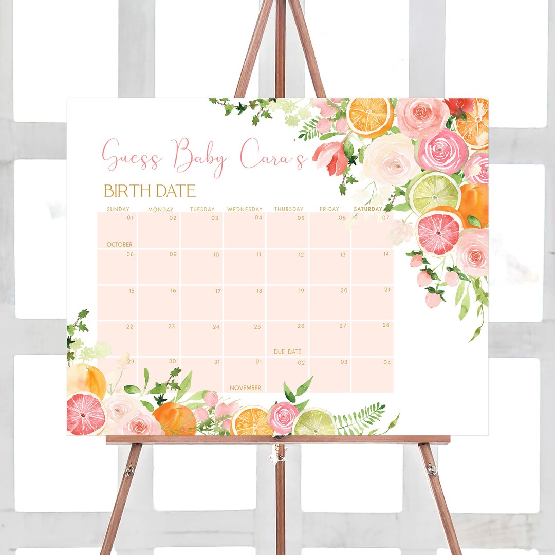 Editable Citrus Baby Brunch Baby Shower Due Date Calendar, Pink Floral ...