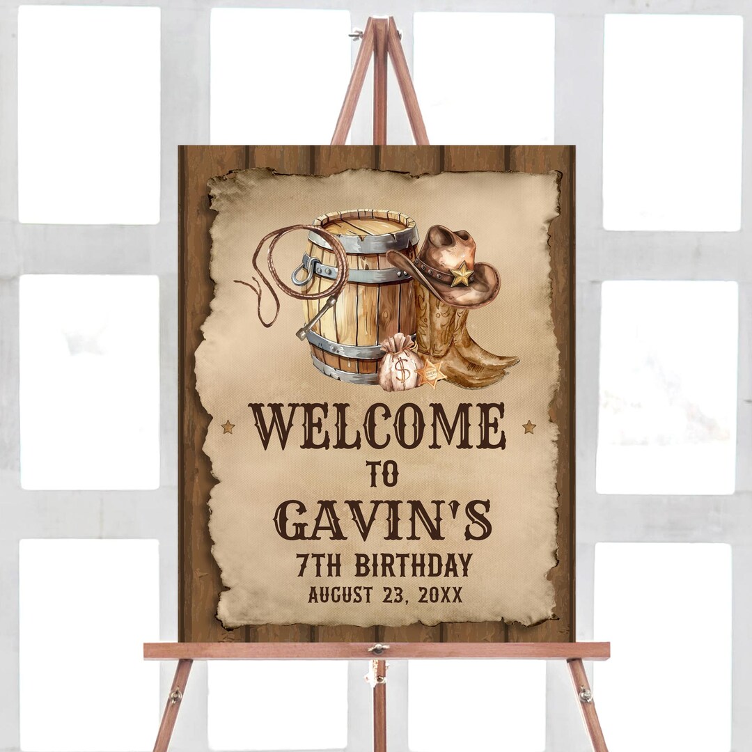 Editable Country Western Birthday Welcome Sign, Rustic Wood Cowboy ...
