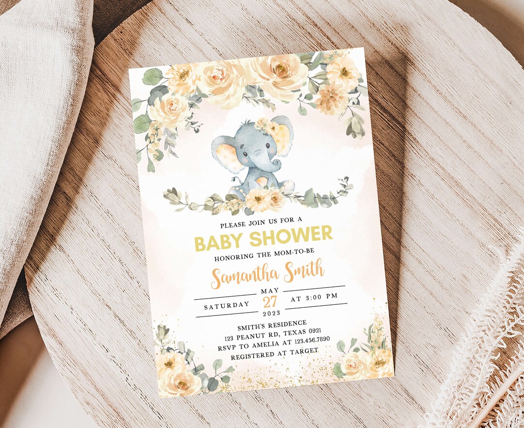 Editable Fall Elephant Baby Shower Invitation, Floral Fall Baby Shower ...