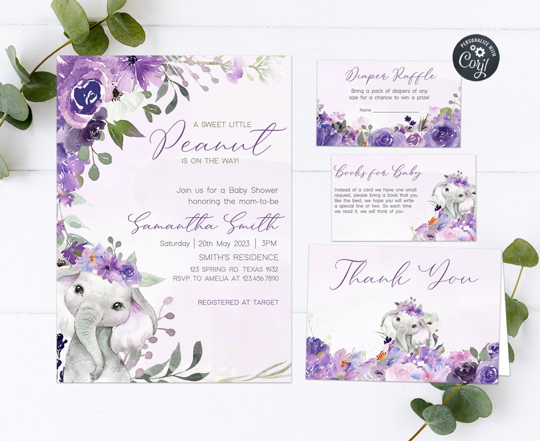 Editable Purple Elephant Baby Shower Invitation Set Lavender Floral ...