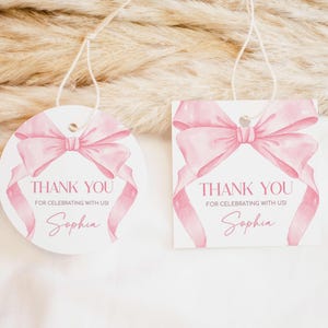 Editable Pink Bow Birthday Round Favor Tag, Pink Coquette First ...