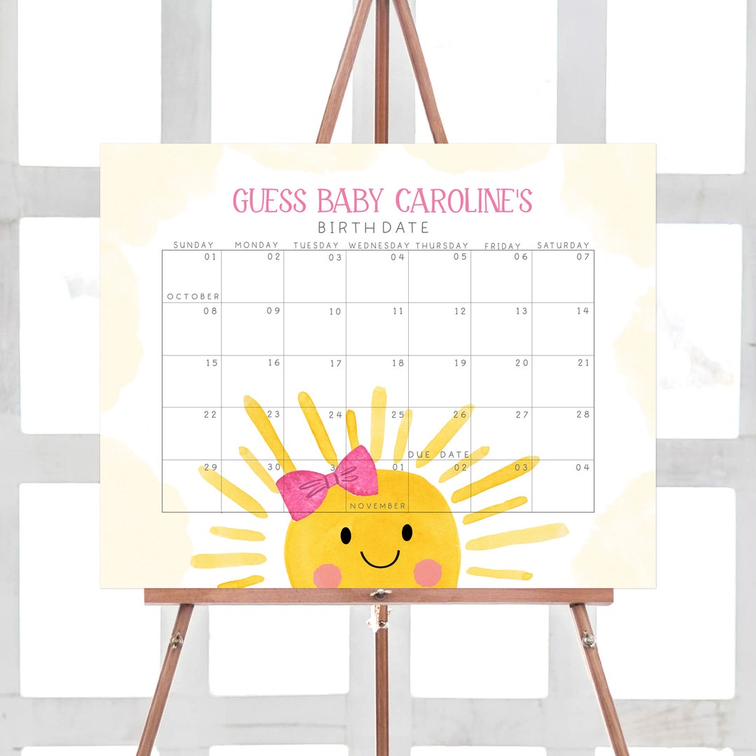 Editable Girl Sunshine Baby Shower Due Date Calendar, A Little Ray of ...