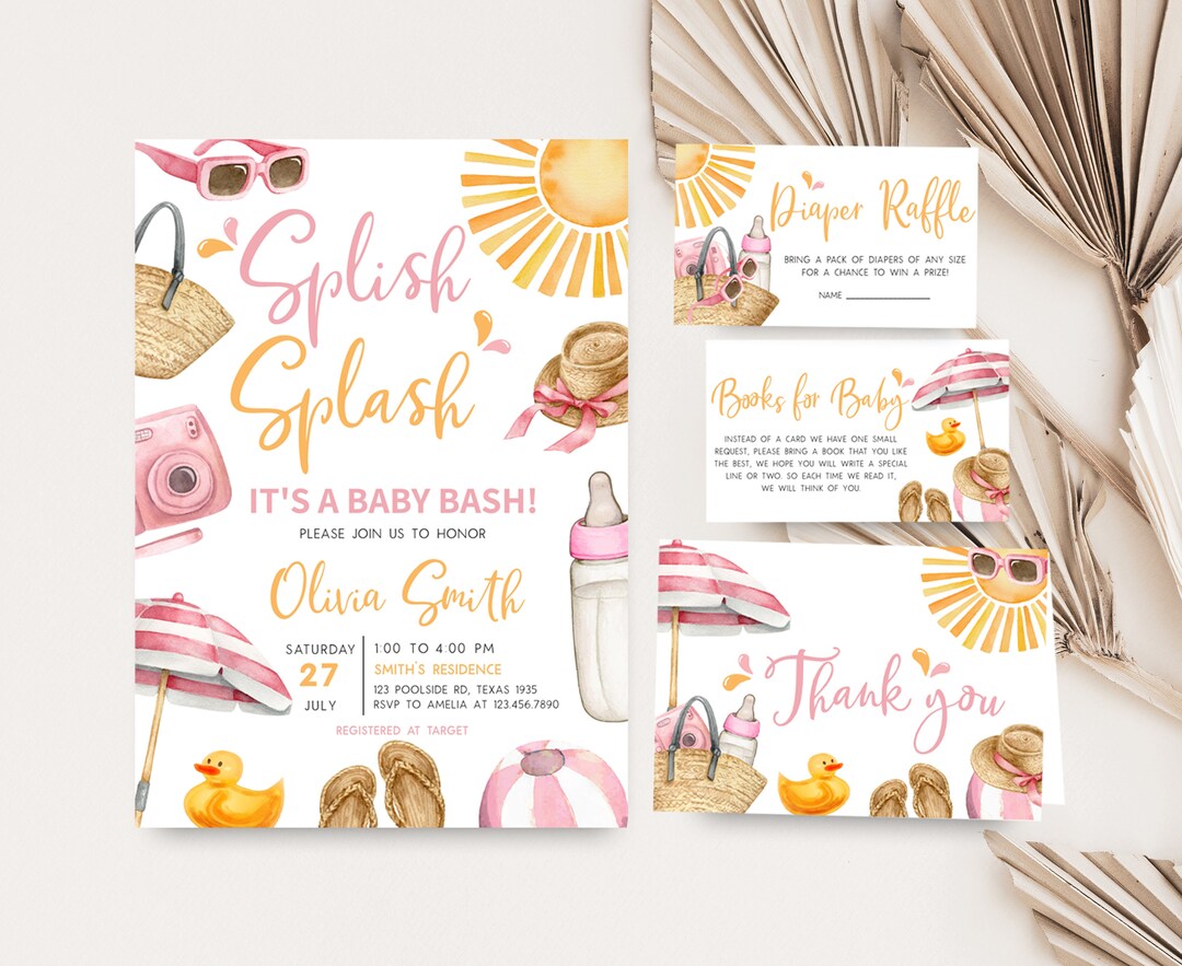 Editable Splish Splash Baby Bash Baby Shower Invitation Bundle, Pink ...