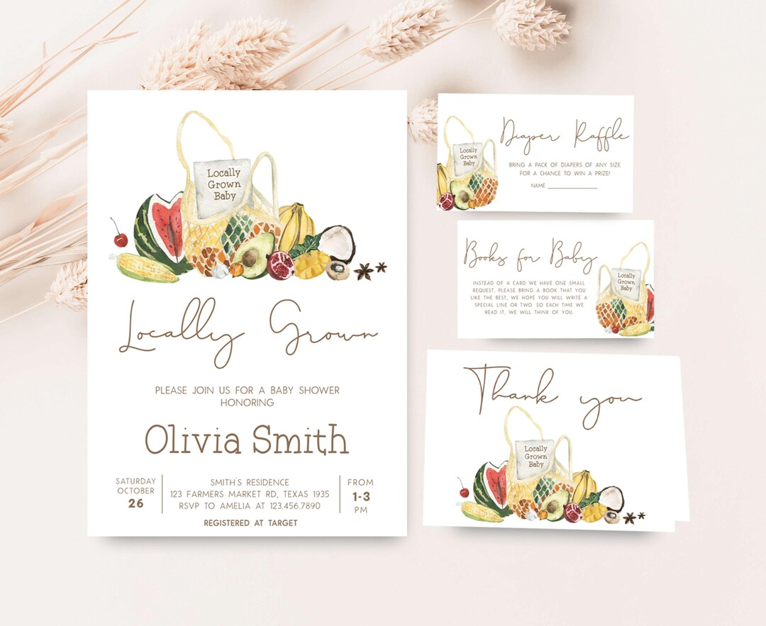 Editable Locally Grown Baby Shower Invitation Bundle, Gender Neutral ...