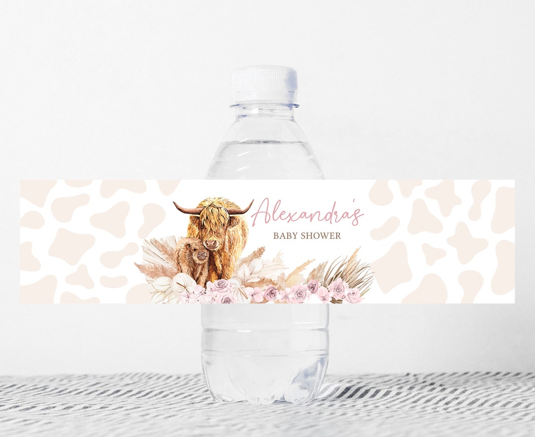 Editable Boho Highland Cow Baby Shower Bottle Label, Pink Holy Cow Baby ...